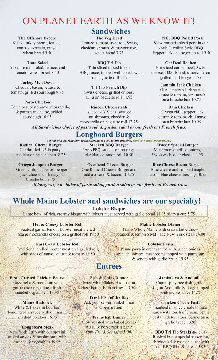 Menu | The Longboard Restaurant and Pub Springdale - Huntington Beach ...